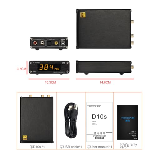 Topping D10s DAC HiFi USB DAC XU208 ES9038Q2M DSD256 384kHz USB Input Coax/Opt/RCA Output Mini Desktop Audio Decoder (Silver)