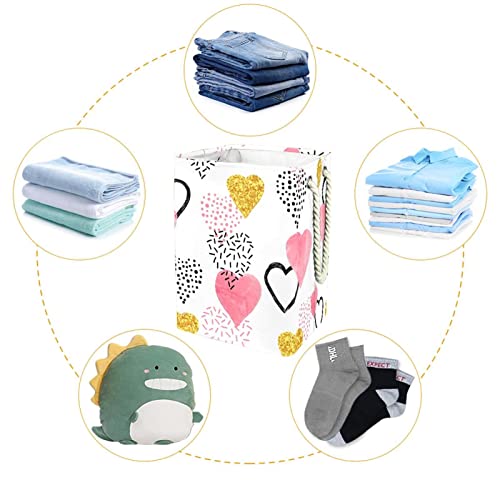 Inhomer Glittering Gold Pink Hearts Pattern Large Laundry Hamper Waterproof Collapsible Clothes Hamper Basket for Clothing Toy Organizer, Home Decor for Bedroom Bathroom