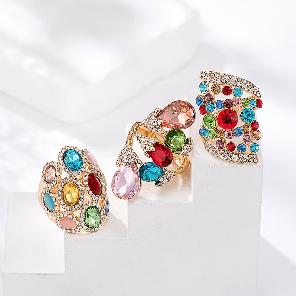 Ecesha 3 PCS/Set Gold Colorful Crystal Oval Teardrop Rhombus Cocktail Rings Set Irregular Geometric Stretch Rings for Women