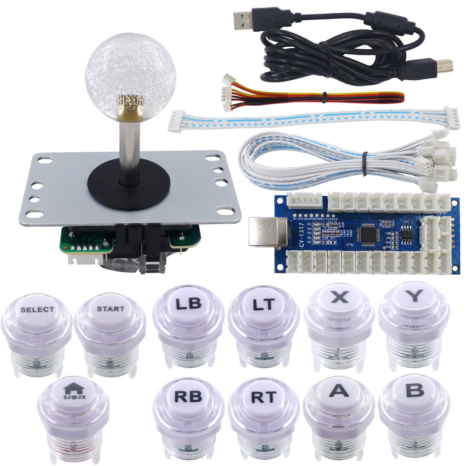 SJ@JX Arcade Game Stick DIY Kit LED Buttons with Logo 8 Way Joystick USB Encoder Cable Controller for PC PS3 PS2 MAME Raspberry Pi White