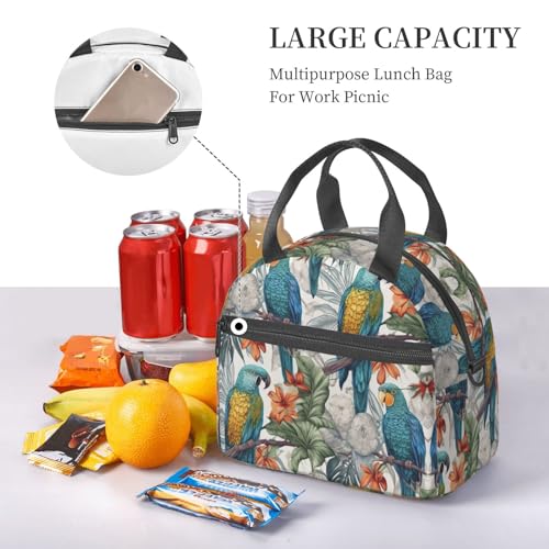 DEHIWI Parrots On Branches Lunch Bag For Women Men Reusable Insulated Lunch Box Lunch Cooler Tote Bag For Work Picnic Travel