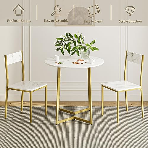 Masupu Small Round Dining Table Set for 2, Wood Marbled Tabletop with Steel Frame, Modern Dinette with Chairs for Kitchen Breakfast Nook Living Room, White and Gold