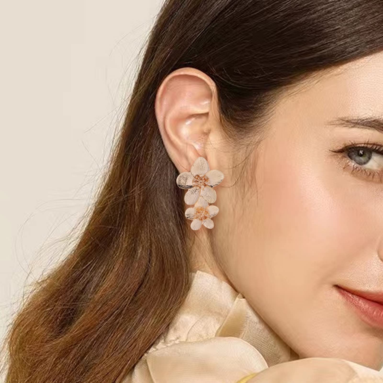 Double Flower Earrings, Gold Dangle Earrings for Women, Flower Statement Earrings for Wedding Party Jewelry