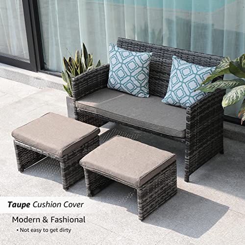 OC Orange-Casual Outdoor Loveseat Patio Furniture Rattan Conversation Set with Ottoman, White Cushions, Grey Wicker, Pillows Included
