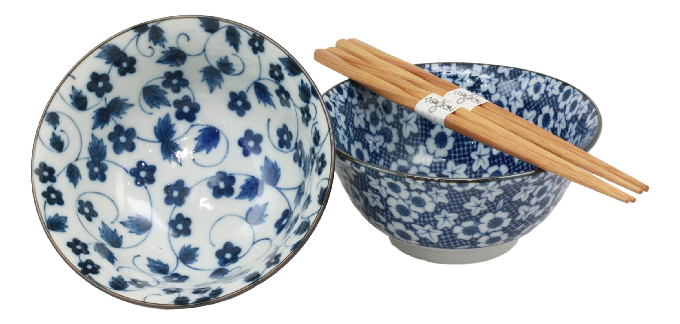 Ebros Japanese Asian Vintage Design Floral Autumn Blue And White Porcelain Bowl Set of 2 With Wooden Chopsticks Kitchen And Dining Dishwasher Safe Perfect For Udon Ramen Pho Wonton Soup Made In Japan