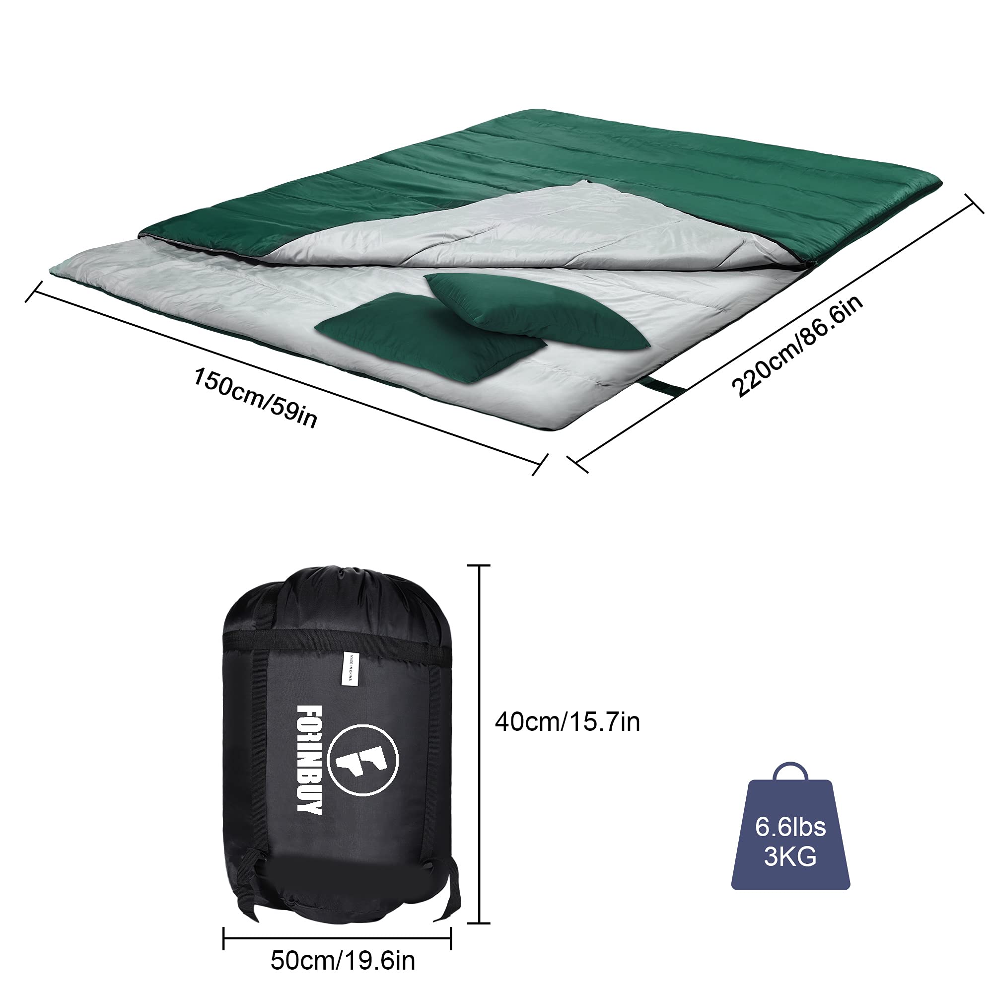 Double Sleeping Bags for Adults Waterproof Couple Two 2 Person Sleeping Bags for Camping Backpacking Hiking with 2 Pillows & Compression Sack Lightweight 3 Seasons Queen Size with 190T Liner