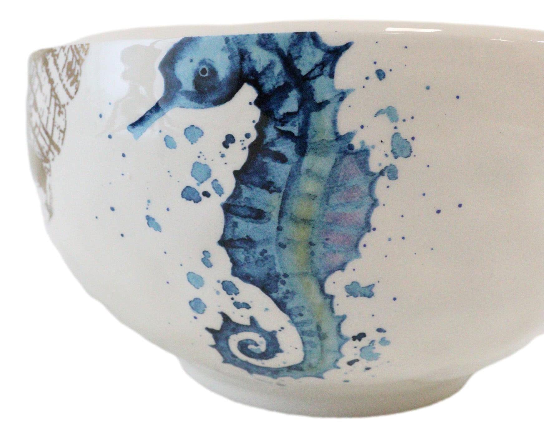 Ebros Nautical Marine Coastal Sea Life Blue And White Seahorse Ceramic Dinnerware For Beach Party Hosting Kitchen And Dining Earthenware Serveware (Large Pasta Noodles Salad Soup Serving Bowl 95oz)
