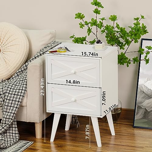Lerliuo White Nightstand, Bed Side Table with 2 Drawers Barn Door, Solid Wooden Legs Night Stand, Mid Century Modern End Table Storage Wood Cabinet Dresser for Bedroom, Living Room, Dorm
