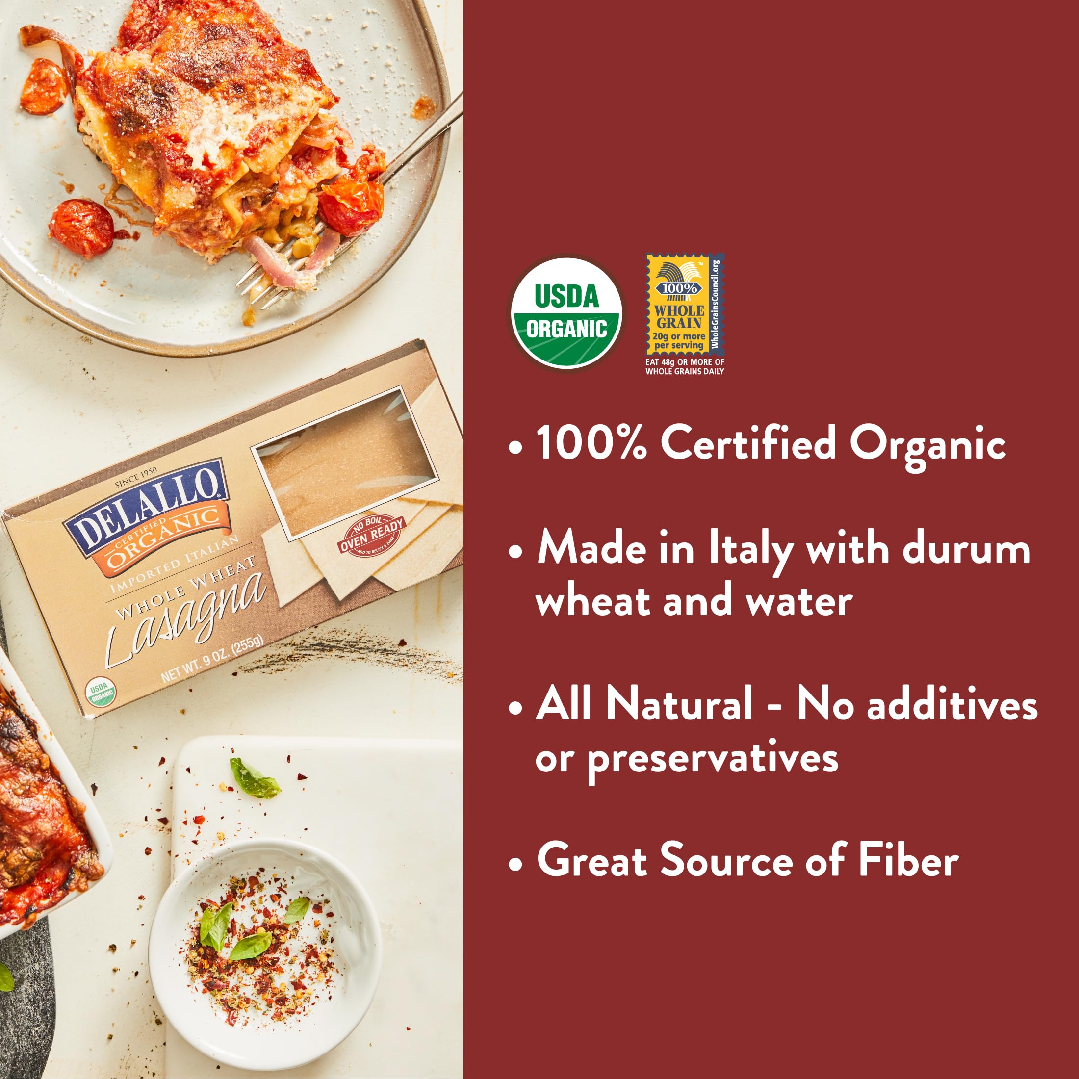 DeLallo Whole Wheat Lasagna Noodles, 9 Ounce Box, 4 Pack, Oven-Ready, 100% Whole Grain Pasta, Made with Durum Wheat, Made in Italy