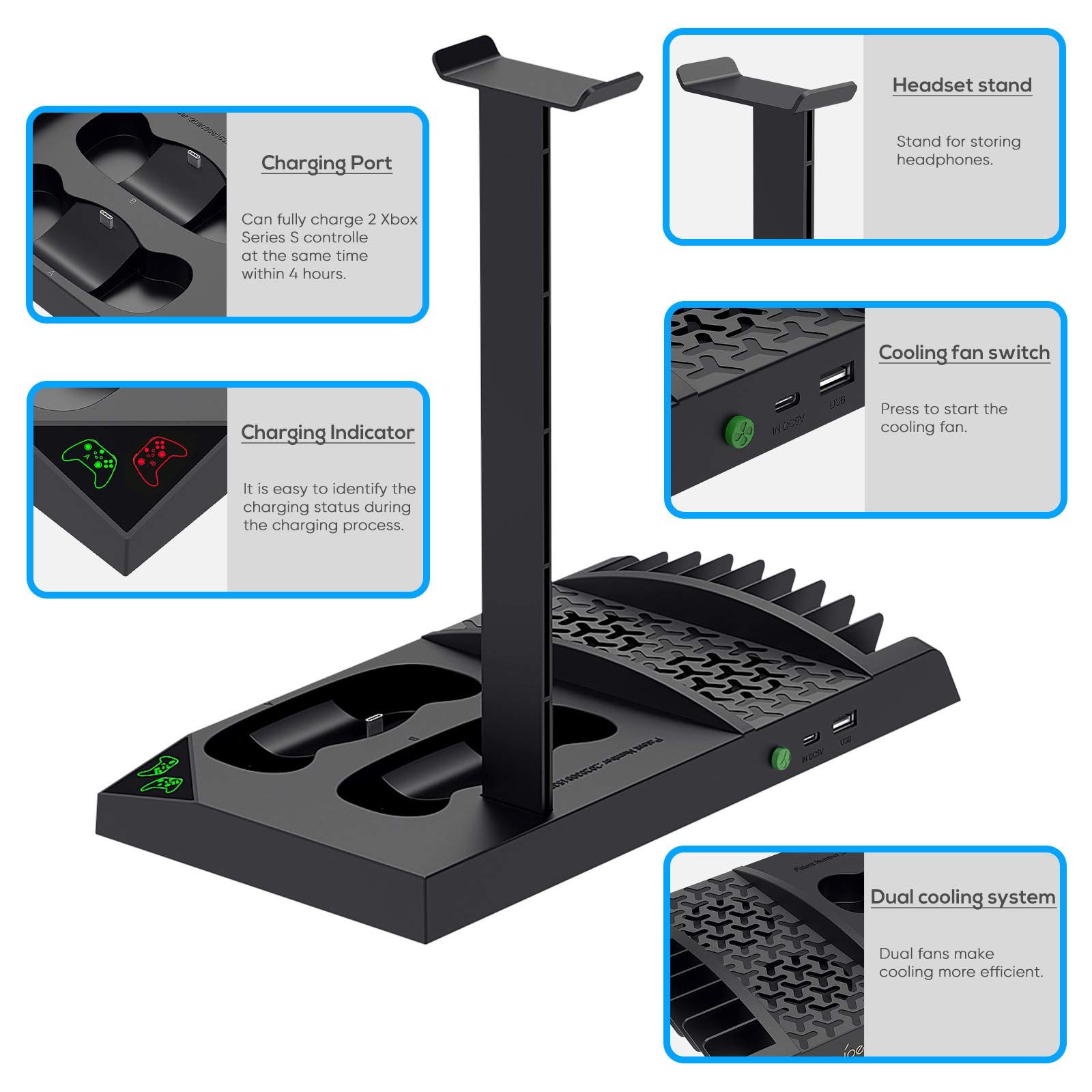 Vertical Stand with Cooling Fan Compatible with Xbox Series S with 1400mAh Rechargeable Battery Pack, YUANHOT Charging Station Dock with Controller Charger Ports, Cooler System