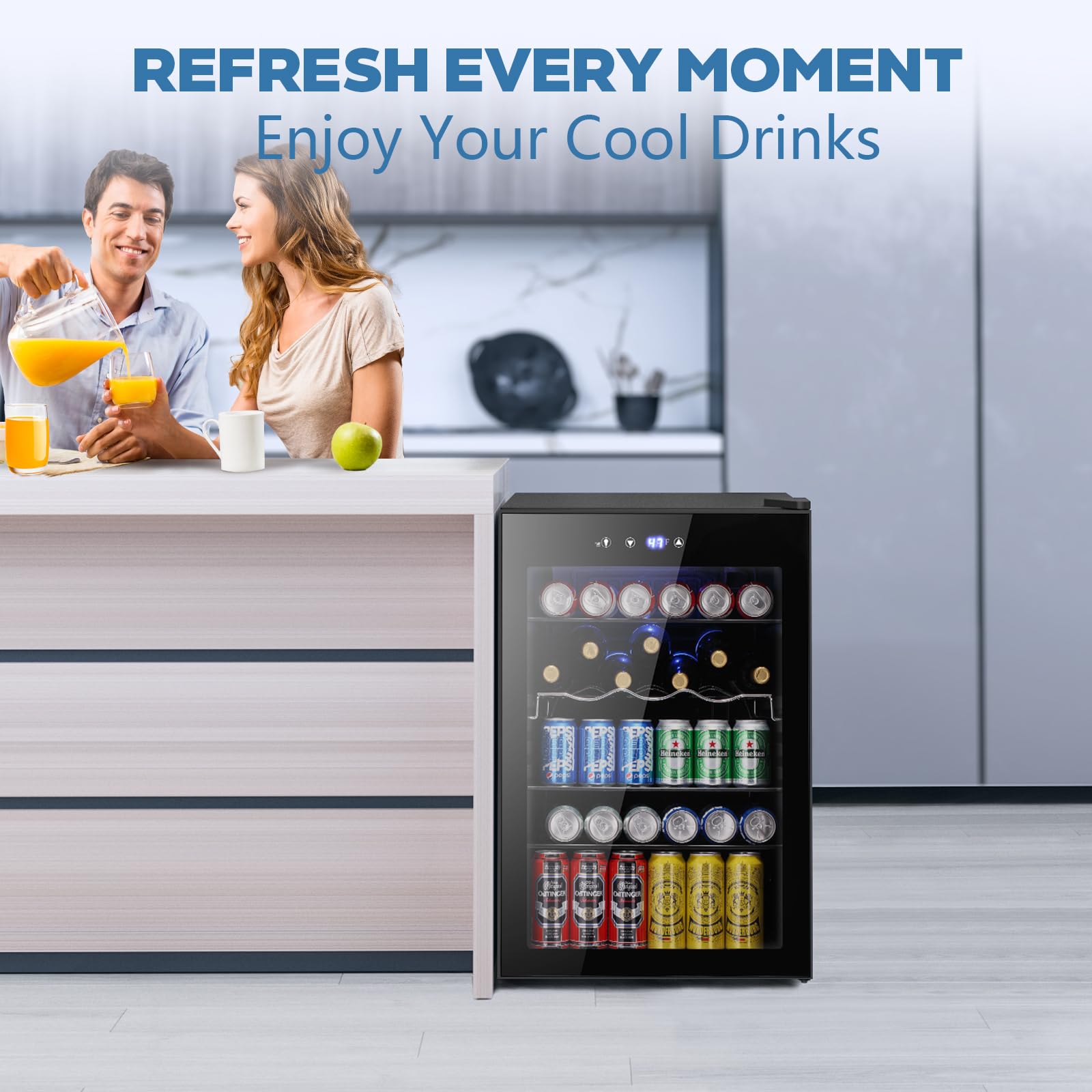 Joy Pebble Beverage Refrigerator Cooler 4.4 Cu.Ft,145 Can Mini Fridge with Glass Door for Beer Soda Wine,Drink Drink Fridge with Adjustable Thermostat,Beverage Fridge for Bar Home Office