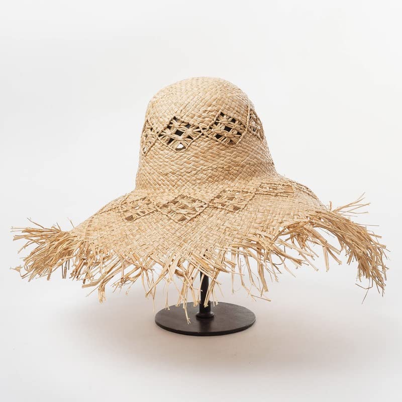 DSFEOIGY Summer Handmade Raffia Hollow Pattern Straw Hat Woven Raw Edge Large Brim Hat Sunscreen Beach Hat Women (Color : A, Size : One Size)