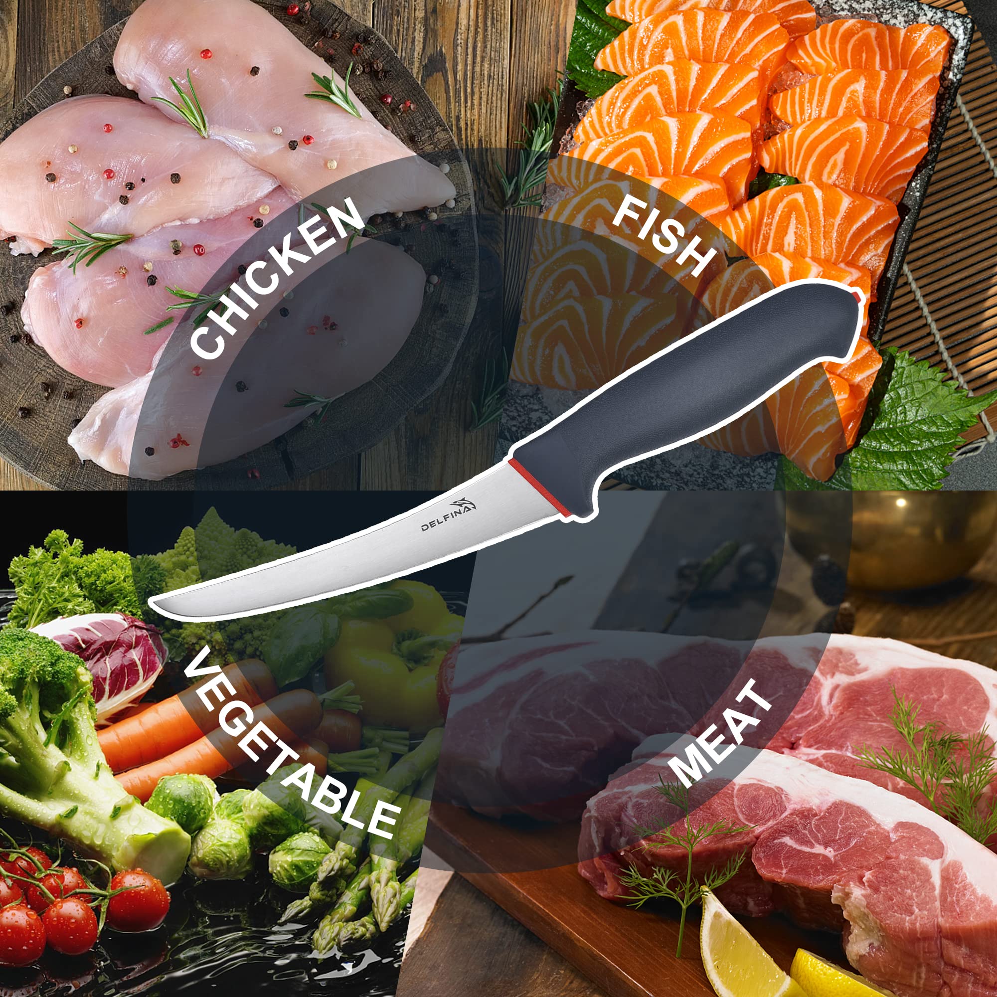 DELFINA 6 Inch Boning Knife for Meat Cutting, Semi-flexible Curved Blade Processing Knife, Premium Stainless Fish Fillet, BBQ Brisket Meat Trimming Butcher Knife for Kitchen Home Restaurant