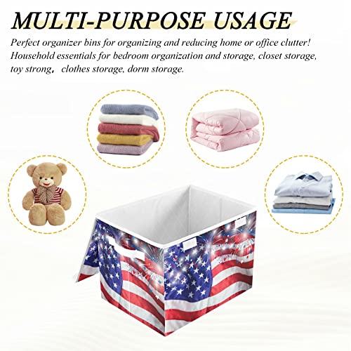 innewgogo American Flag Firework Storage Bins with Lids for Organizing Large Collapsible Storage Bins with Handles Oxford Cloth Storage Cube Box for Car