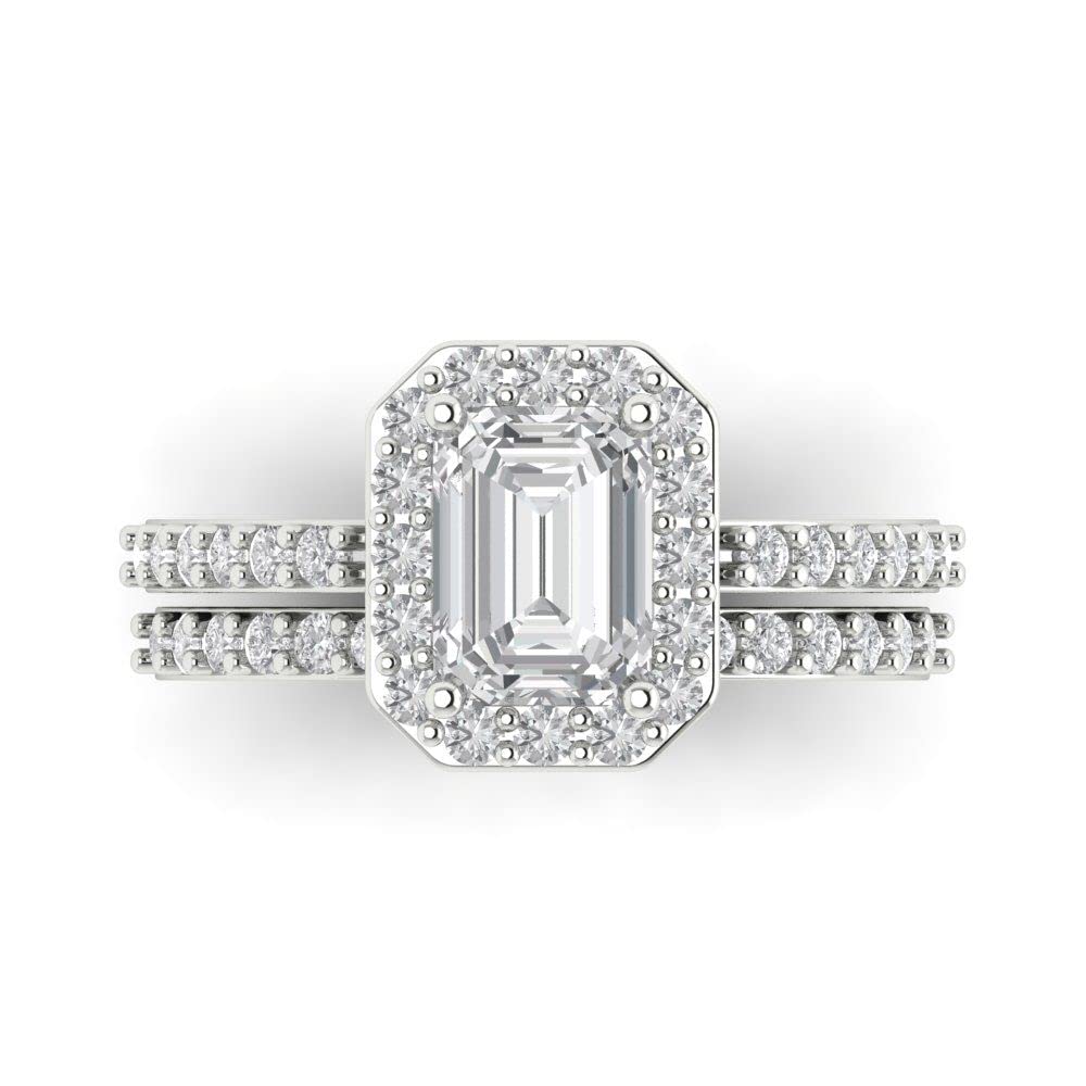 Clara Pucci 2.14 carat Emerald Shape Halo Solitaire Moissanite Engagement Wedding Anniversary Bridal ring band set 14k White Gold 7.25