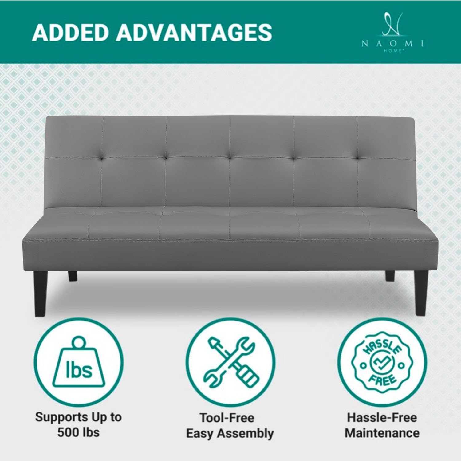 Naomi Home Gray Faux Leather Futon Sofa Bed, Modern Convertible Sofa with Wooden Legs, Reclining Small Couch Bed, Durable and Sturdy, 66'D x 32'W x 31'H