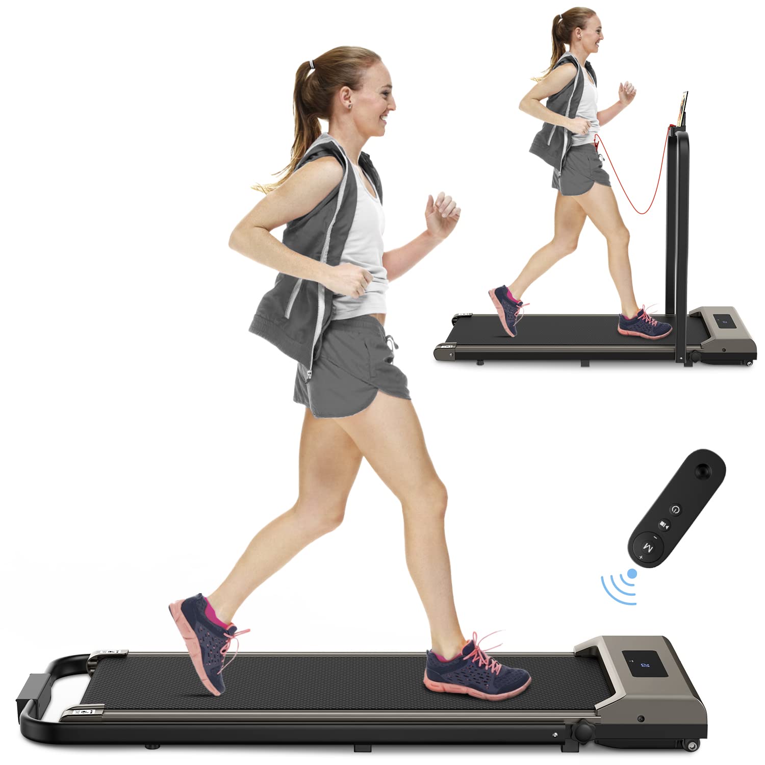 Dskeuzeew Under Desk Treadmill 2 in 1 Folding Treadmill, Foldable Walking Running Pad with Handle&Phone Holder, Powerful & Quiet Walking Jogging Running Machine for Home Office Grey