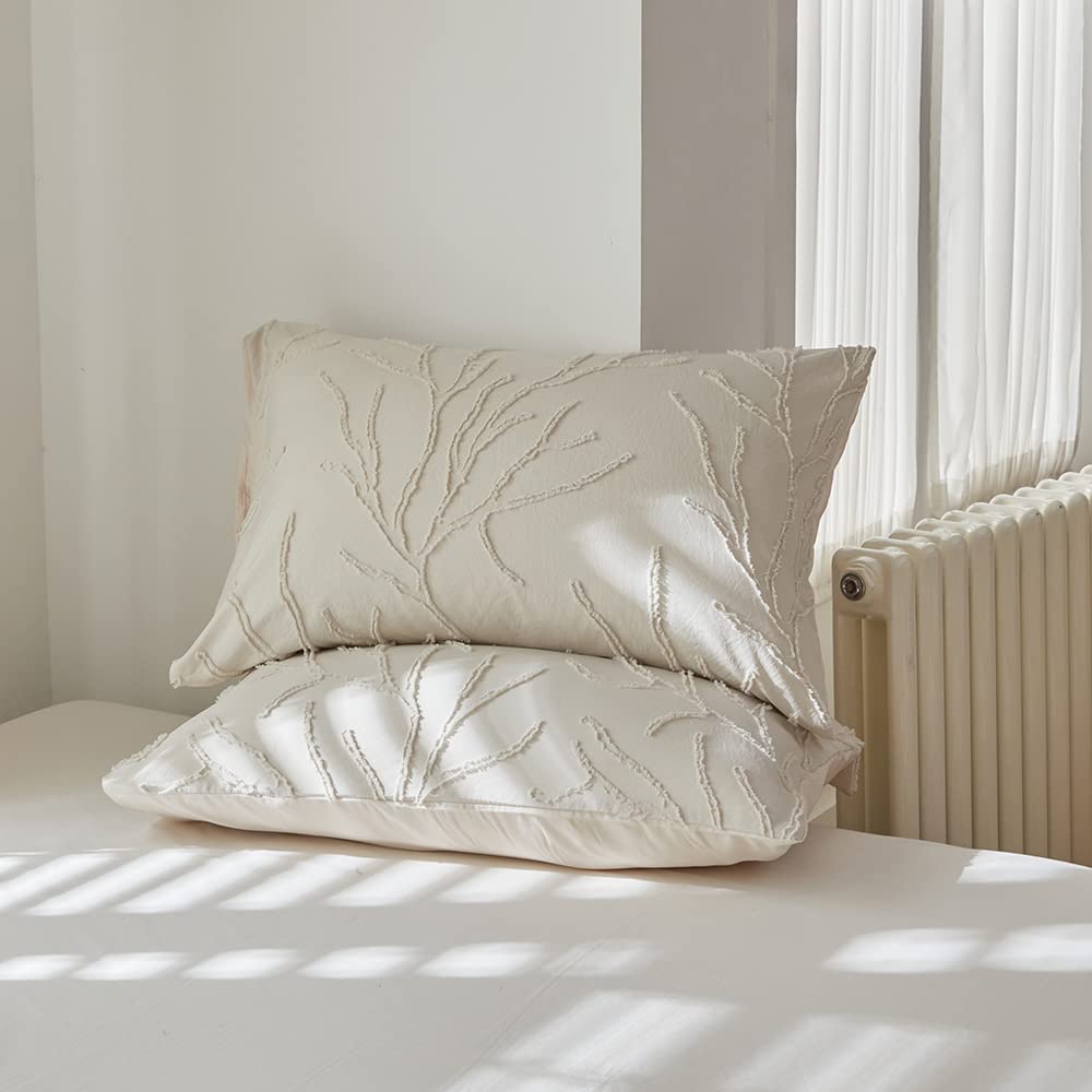 Jolusere Boho Textured Duvet Cover Set Queen Size Beige Solid Reversible Bedding for Women Farmhouse Boho Aesthetic Shabby Chic Bed Soft Lightweight Microfiber Bed Set for All Seasons