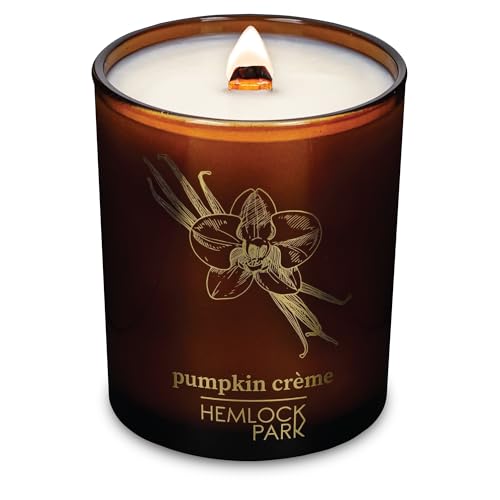 Hemlock Park Wood Wick Candle Handcrafted with Natural Coconut Wax and Essential Oils (Amber & Gold 7.2 oz, Pumpkin Crème)