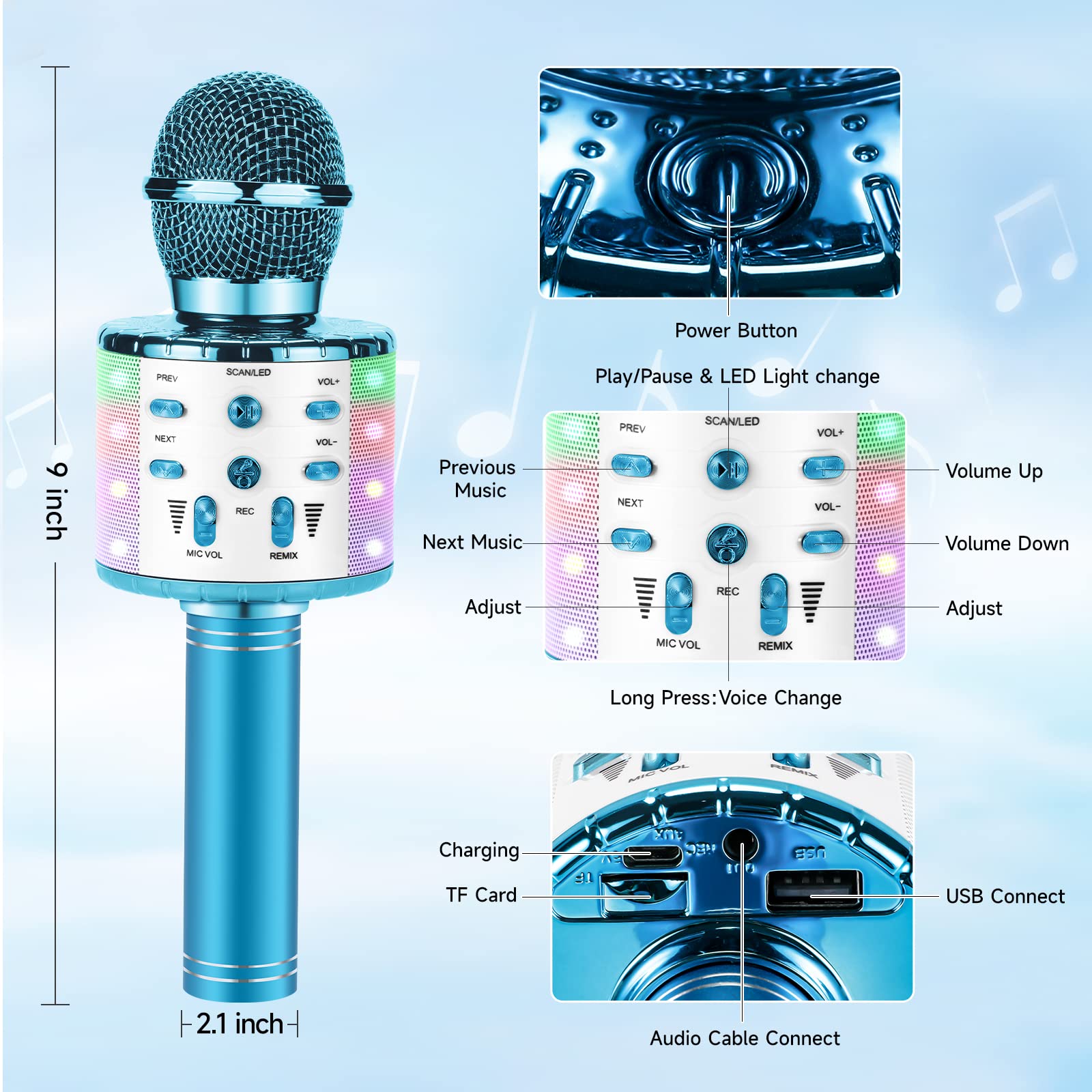 Ecokra Wireless Microphone,Karaoke Bluetooth Microphone with LED Lights 3 in 1 Portable Handheld Wireless Mic Speaker Home KTV Machine Support iOS Android, Microphone Toys Gifts for Kids(Blue)