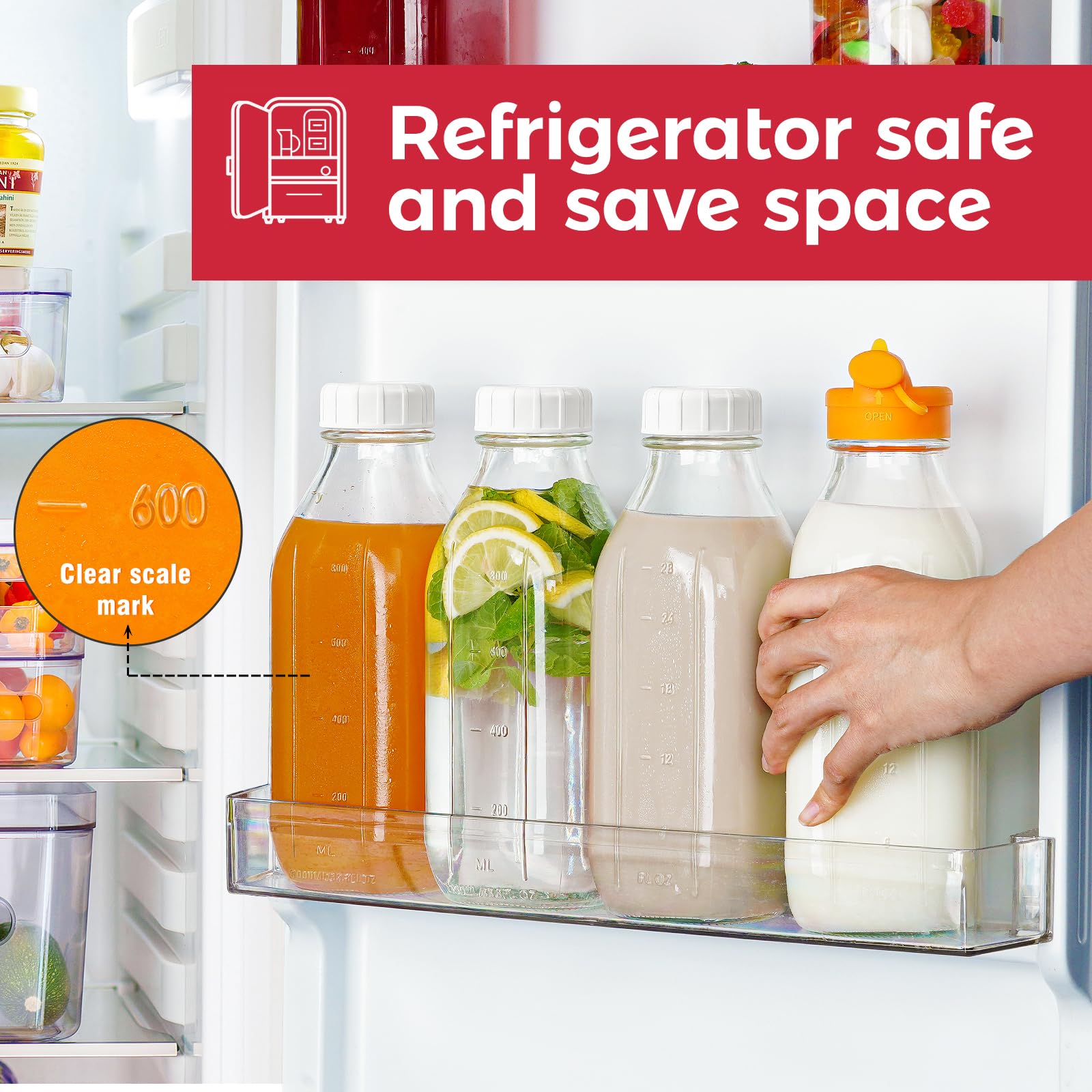 Dwbligt 32 oz Reusable Glass Milk Bottles with Silicone Dispenser Cap, 2 Pack Glass Jars with Airtight Screw Lid, Leak Proof Glass Juice Bottles with Scale Mark for Fridge