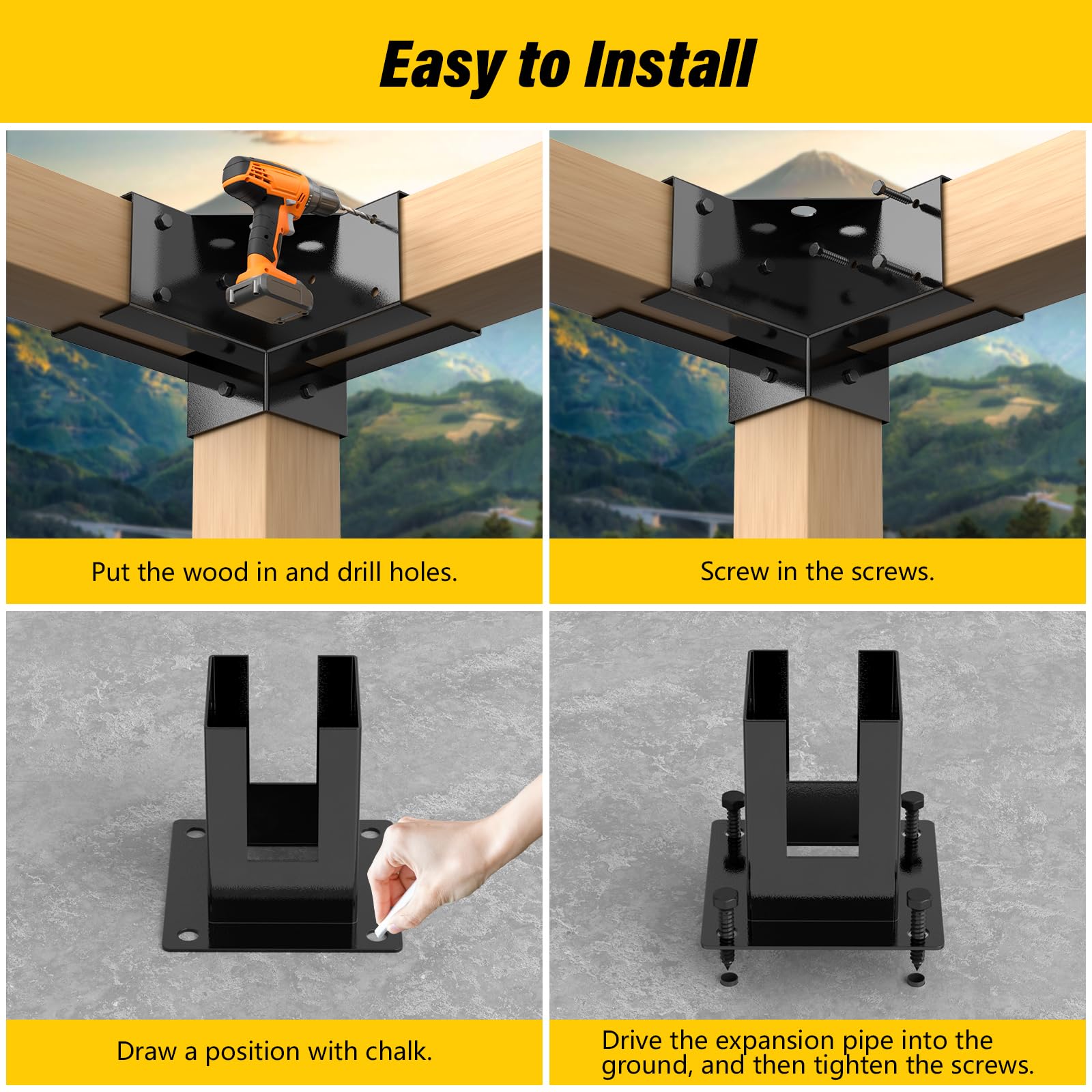 Glossy Black 3-Way Woodwork DIY Pergola Brackets Kit, Elevated Wood Stand Kit with Powder-Coated Steel, Include Extension Brackets & Post Base Brackets| Modular Pergola Kit for 4x4 Wood Post(1 Pair)