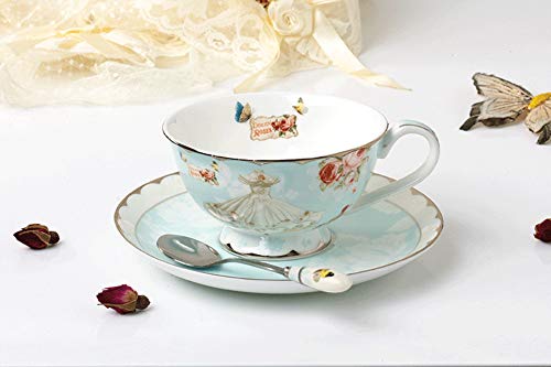Fine Bone China Tea Cups and Saucers, Pastel Blue Floral Design Coffee Mug Tea Cups Set with Gift Box for Women Mom, 7 Ounces