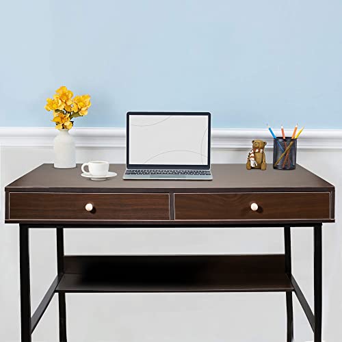 Interior Elements Kuluzego Simple Writing Wooden Computer Study Desk w/Drawers for Home Office, Brown, 47"