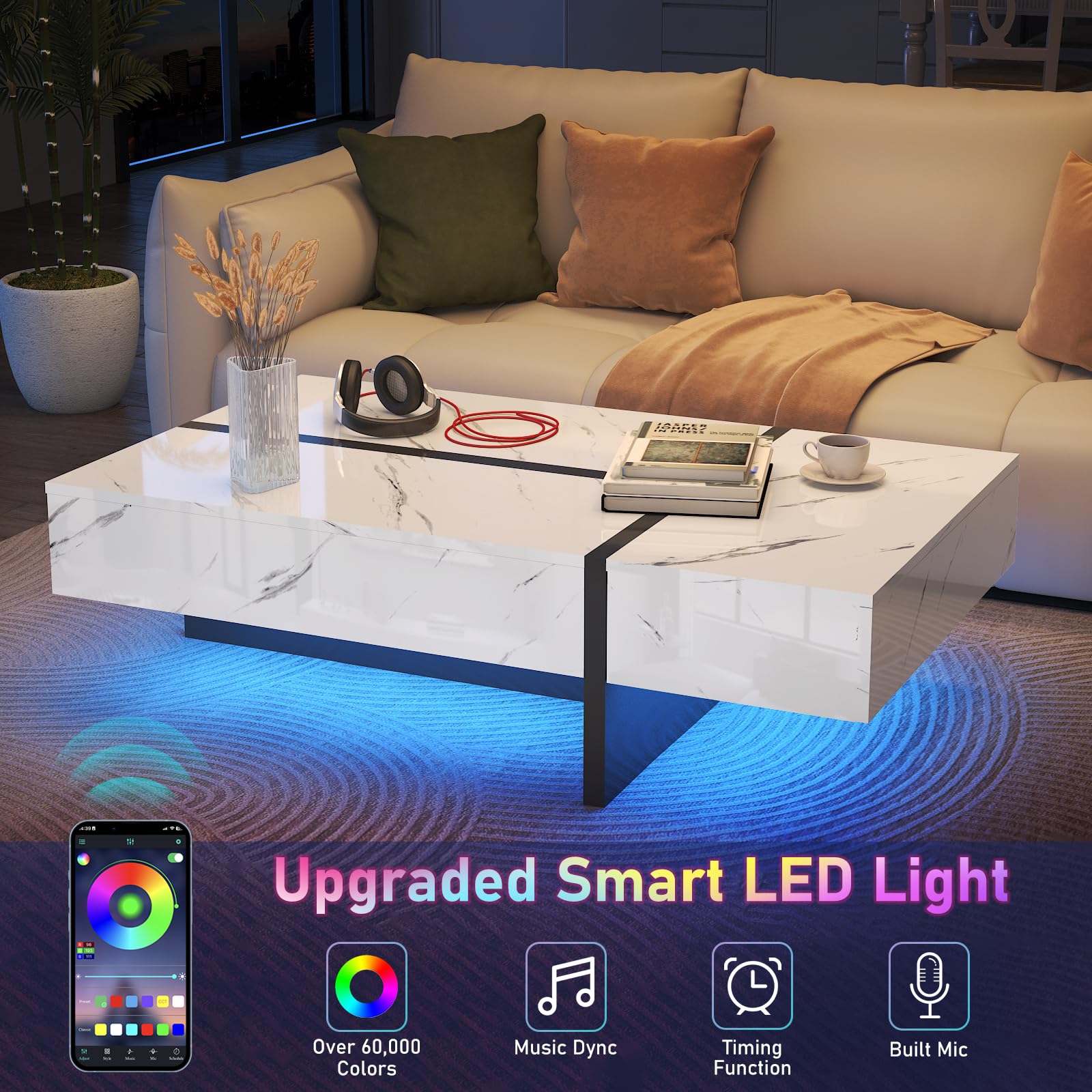 chartustriable 47.2" Modern Coffee Table for Living Room, LED High Gloss Coffee Table with Storage Drawers and LED Light, Center Table for Living Room(Black & Marble)