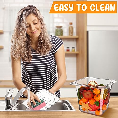 Ujuuu 6 Pack Plastic Clear Food Pan with Lid 1/6 Size 7 Inch Deep Stackable Acrylic Square Container Polycarbonate Food Storage for Hotel Restaurant Kitchen Food Prep Storage (2.2L)