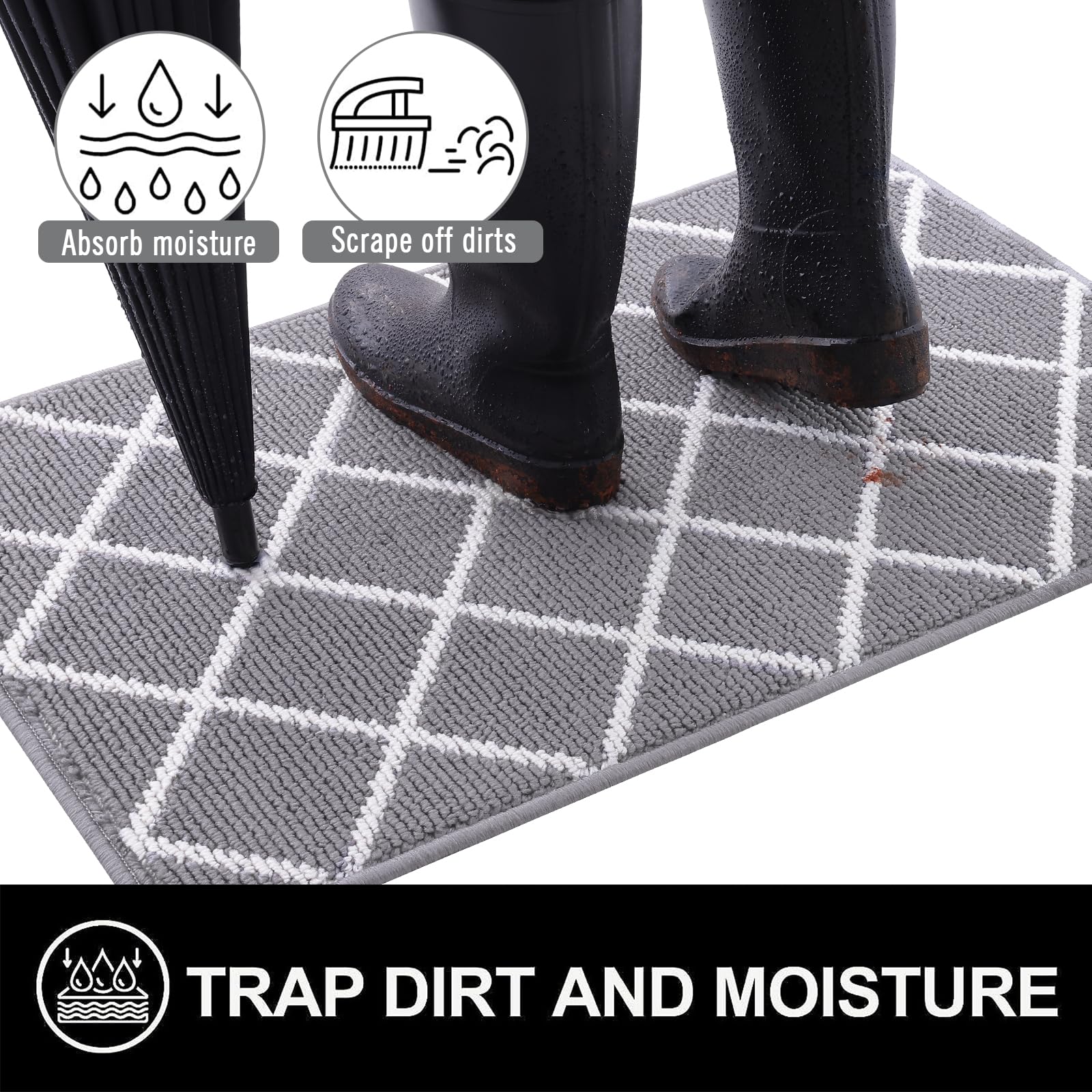 Finchitty Indoor Door Mat, Non-Slip Absorbent Resist Dirt Entrance Mat, Washable Mats for Entryway, Low-Profile Inside Floor Doormat, 32" x 20", Grey