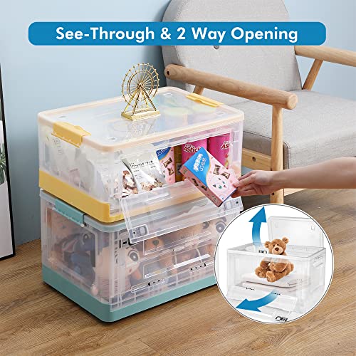 OEMVALATY 2 Packs Storage Bins with Lids,28 Qt. Clear Stackable Lidded Storage Bins,Collapsible Storage Cube Bins with Wheels, Plastic Storage Box Containers with Double Doors for Home, Office, Bedroom, Living Room