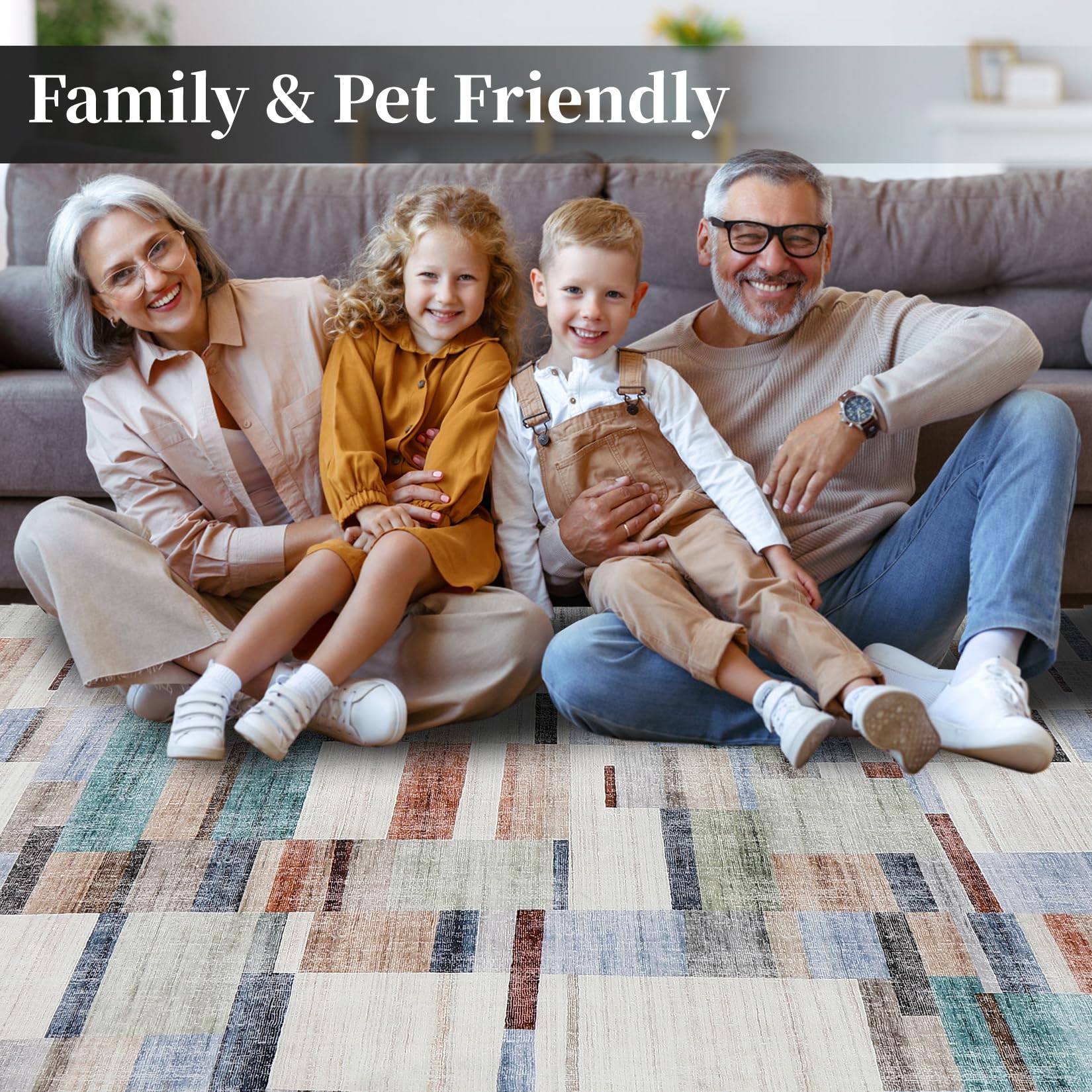 GlowSol Washable Rug Modern Area Rugs 9x12 Living Room Abstract Geometric Bedroom Rug Multi Rug Carpet Large Area Rug for Office Non Slip Throw Rugs for Dining Room Classroom Multi 9'x12'