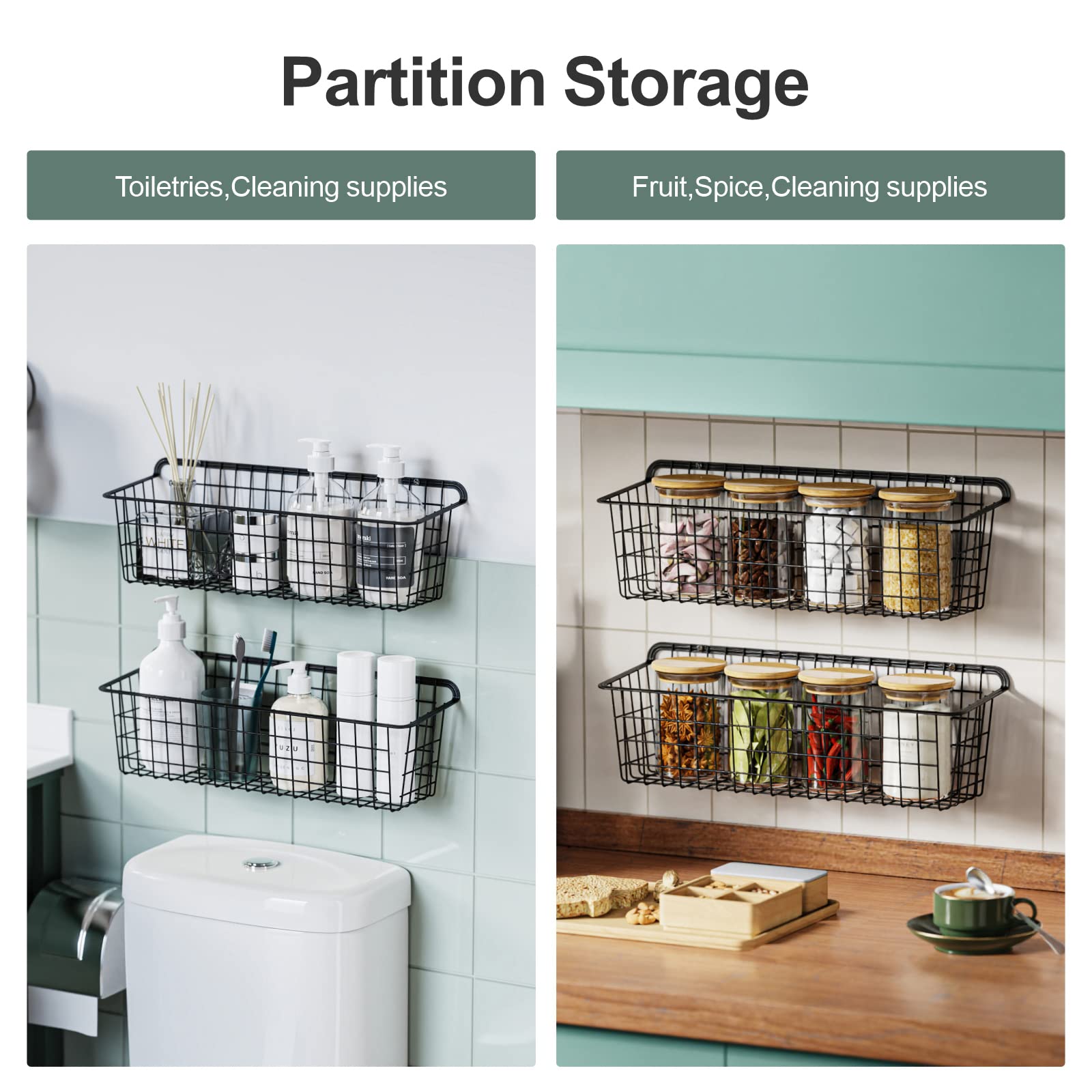 iSPECLE 2 Pack Black Metal Wall Baskets, Add Storage Space in Bathroom Kitchen, Durable and Sturdy, Easy to Install, Hanging or Nailed