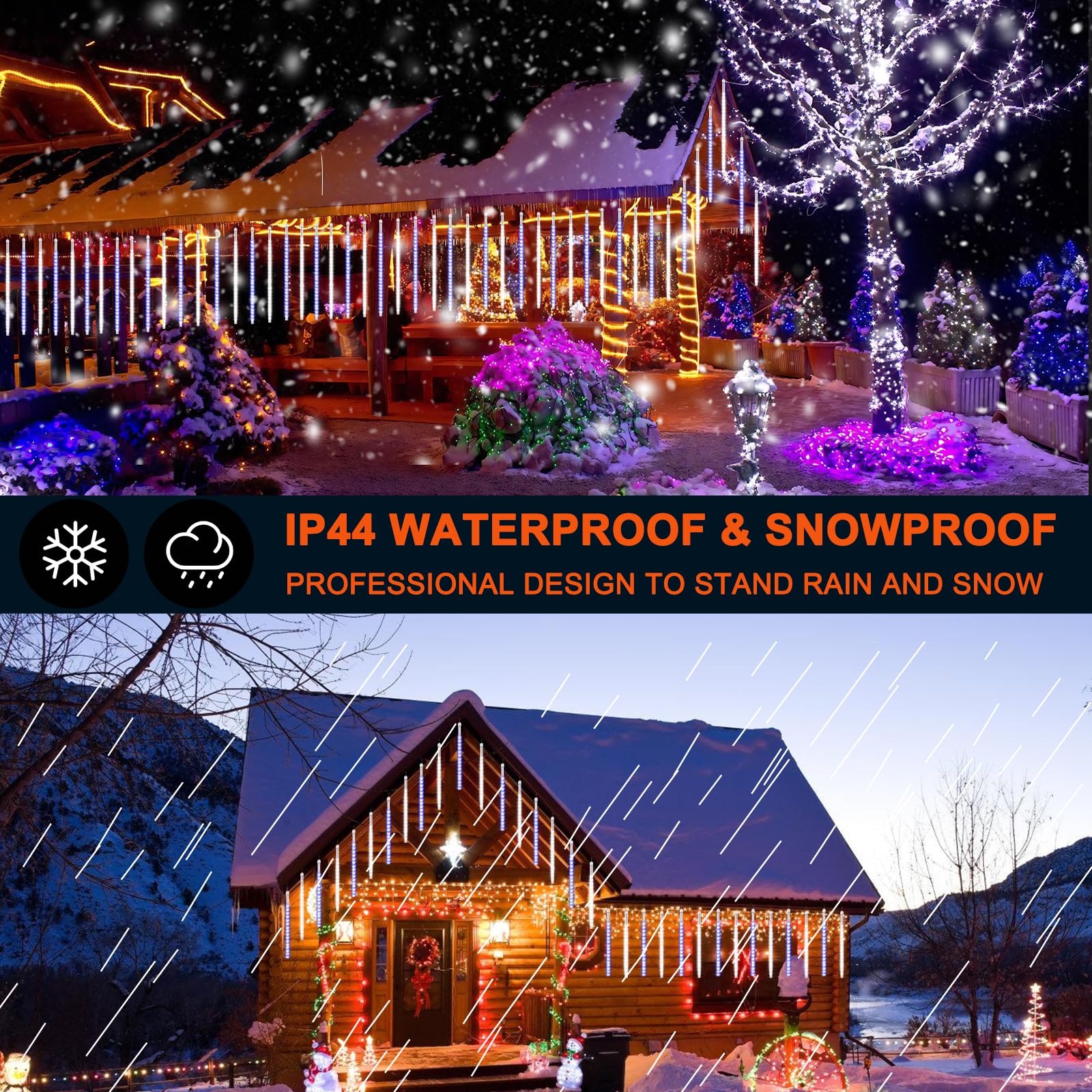 Vikdio Meteor Shower Rain Lights, 30cm 16 Spiral Tubes 480 LEDs 5.25m Lit Length Waterproof Snowfall LED Lights for Wedding Christmas Garden Tree Home Decor, Support 2 Sets Connected (Blue)