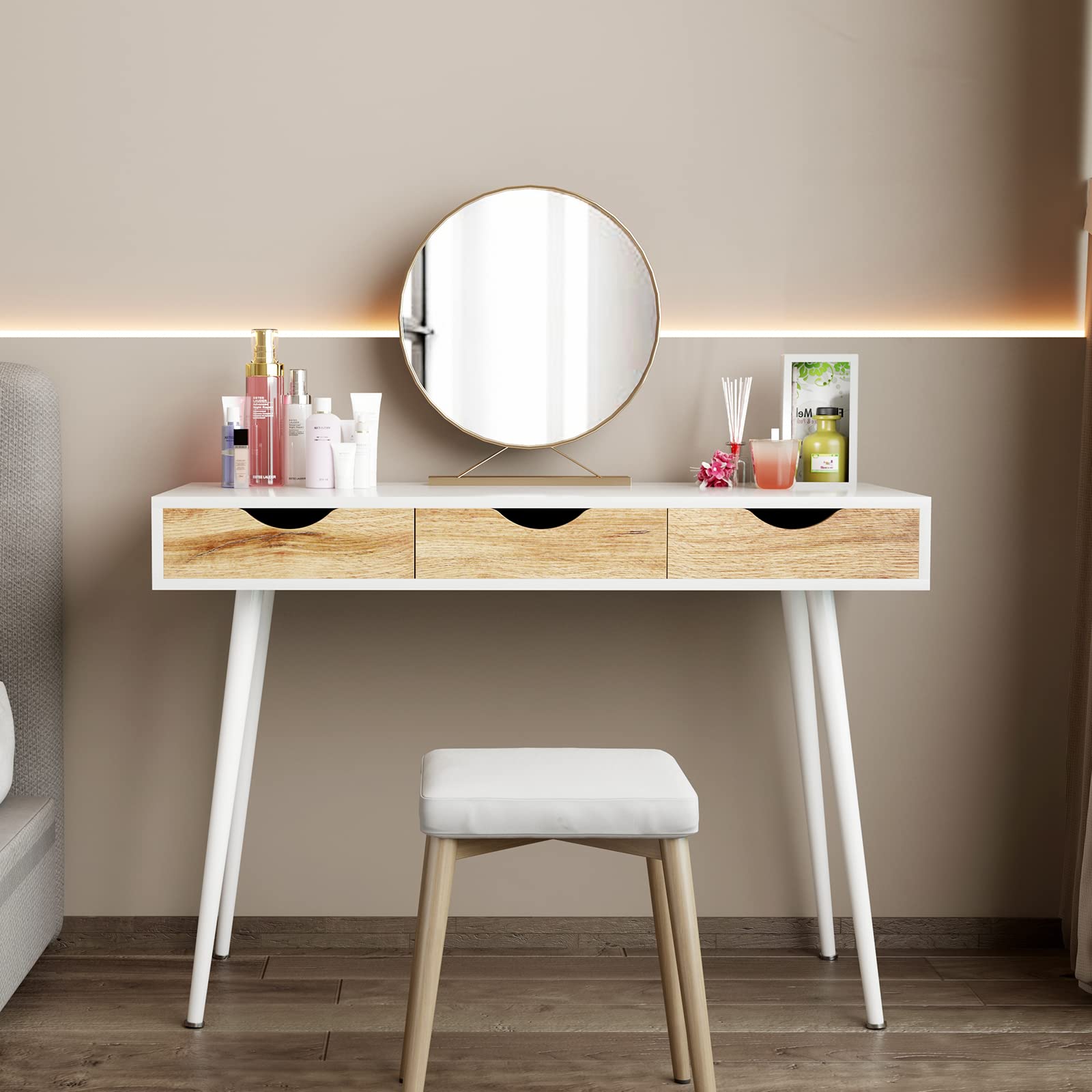 soges Mid Century Desk with Drawers, 3-Drawer Writing Study Desk, 43.3 inches Home Office Computer Desk for Small Space, Multifunctional Vanity Table Desk, White