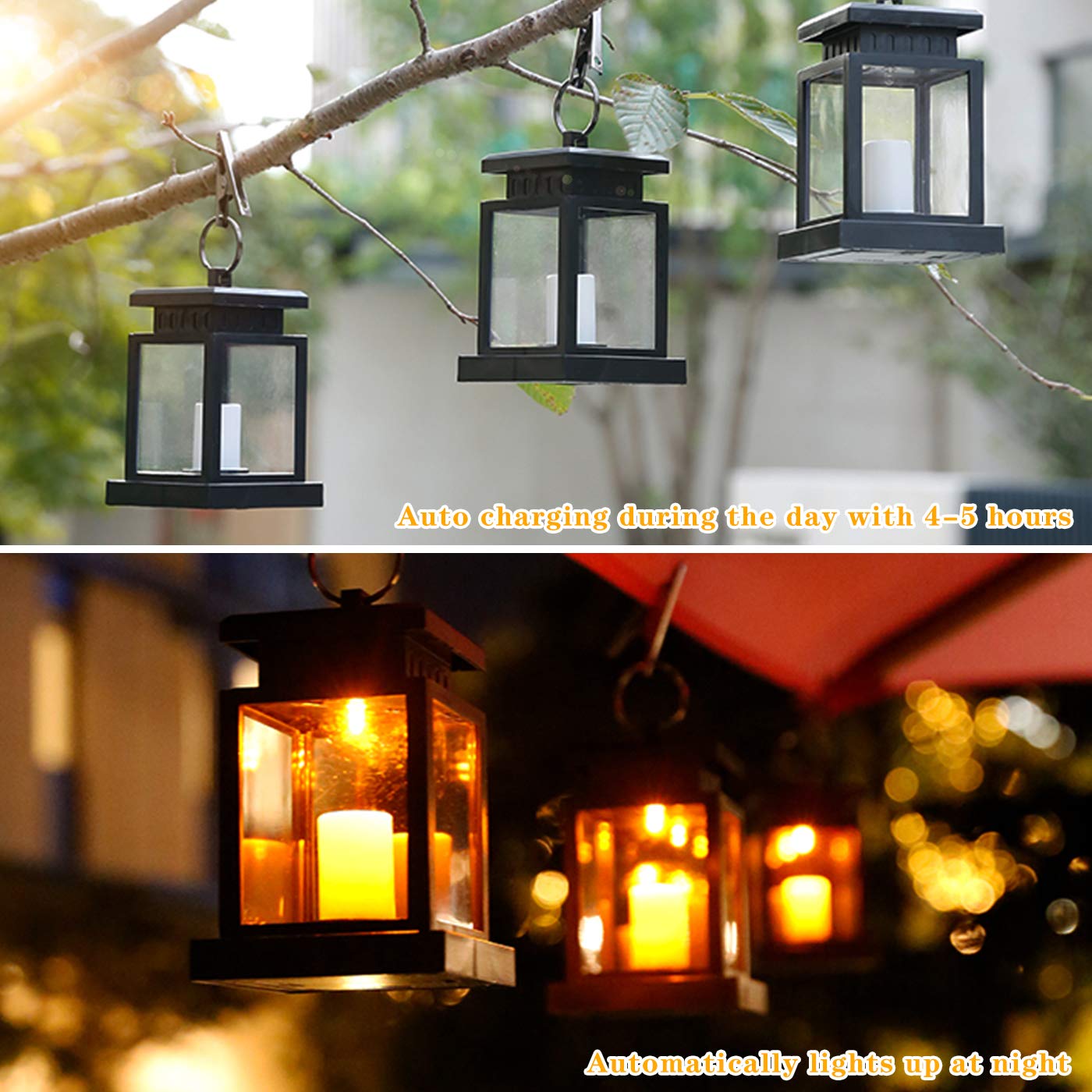 Solar Candle Lantern, Solar Garden Lights Hanging with LED Flickering Flame, 2Pcs Outdoor Lantern Light Waterproof for Christmas Decoration and Party (Warm White Light)