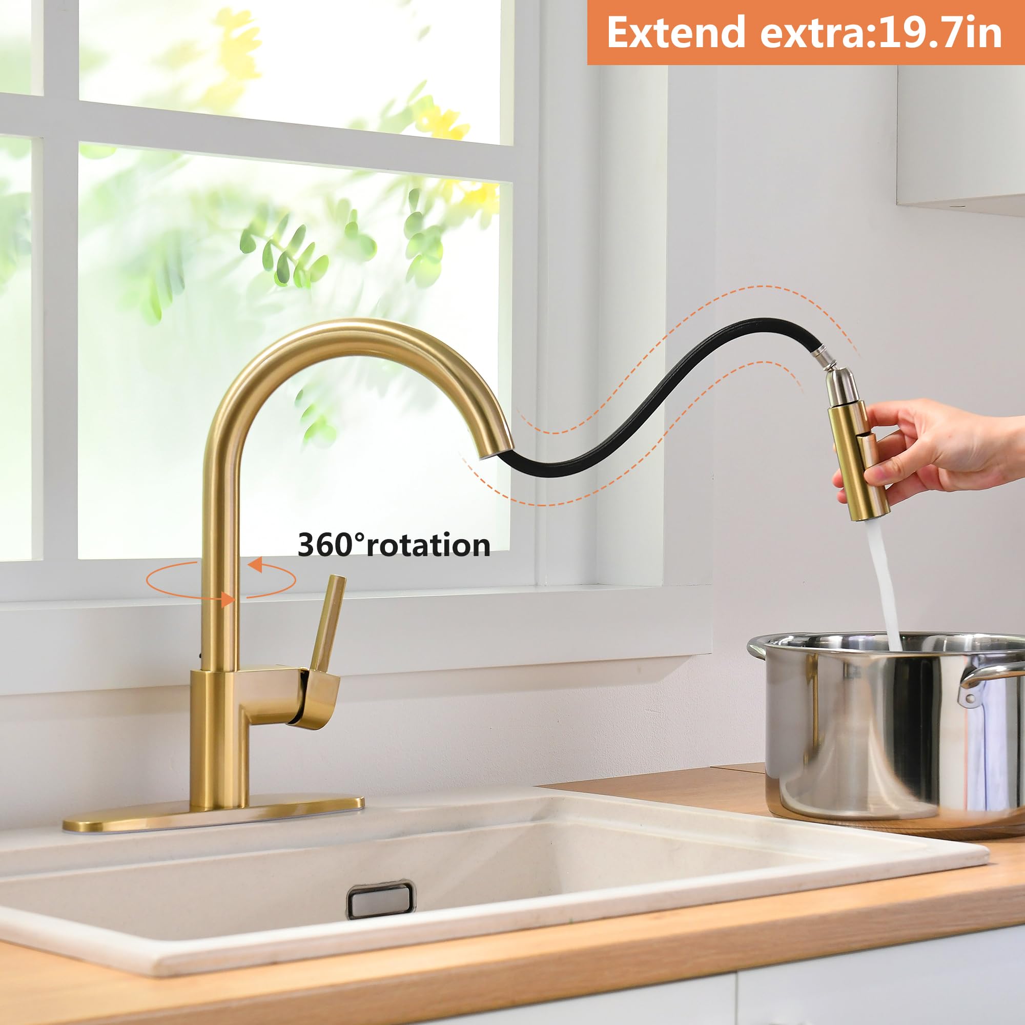 FROPO Gold Kitchen Faucet with Pull Down Sprayer - Modern Single Handle Pull Down Kitchen Sink Faucet with Deck Plate | Commercial Kitchen Faucet for 1 & 3 Hole Stainless Steel Brushed Gold