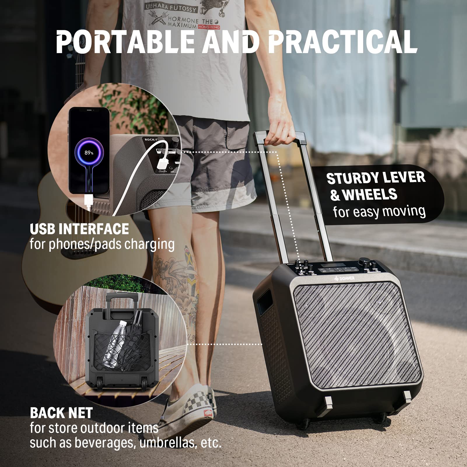 Donner Portable Bluetooth Speaker, PA System Subwoofer for Christmas, Karaoke Machine with 2 Wired Microphones, Supports Voice Changing, Treble/Bass Adjustment, Guitar Input, AUX, FM/AM, USB-Charging