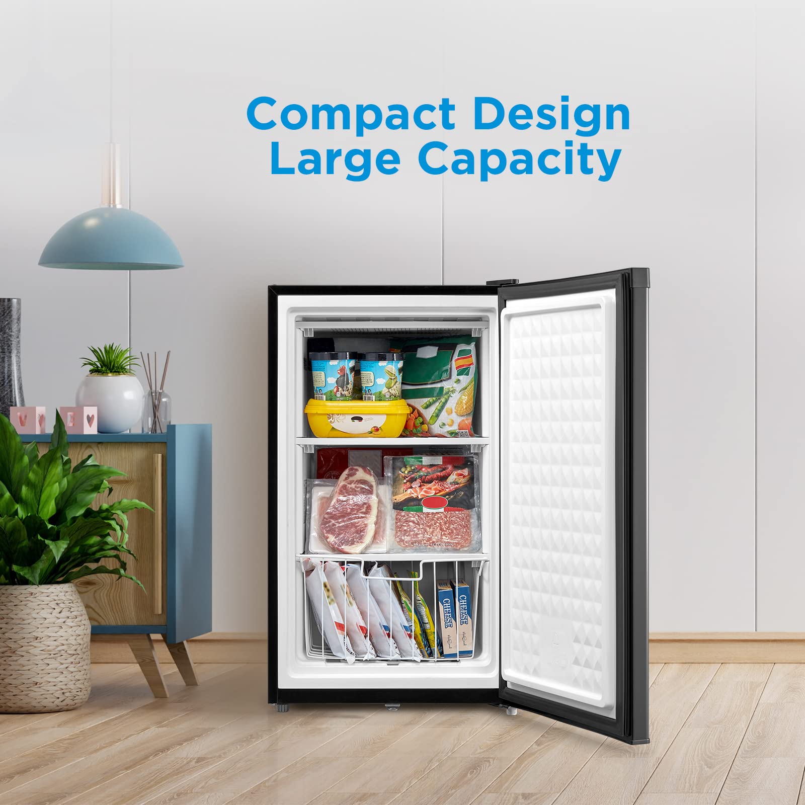 COMFEE' CRM33S3ABB 3.3 CuFt mini fridge Singel Door small Fridge for Bedroom Office Garage Studio Dorm, mini Refrigerator Black & Midea MRU03M2ABB Upright Freezer Large Black, 3.0 Cubic Feet
