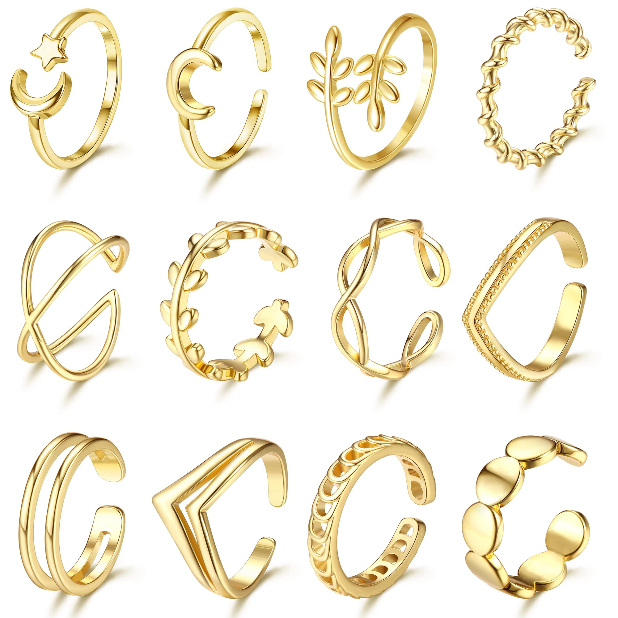 DOLOTTA 12 Pcs Adjustable Knuckle Rings for Women Arrow Knot Wave Rings Stackable Rings Thumb Open Ring Set
