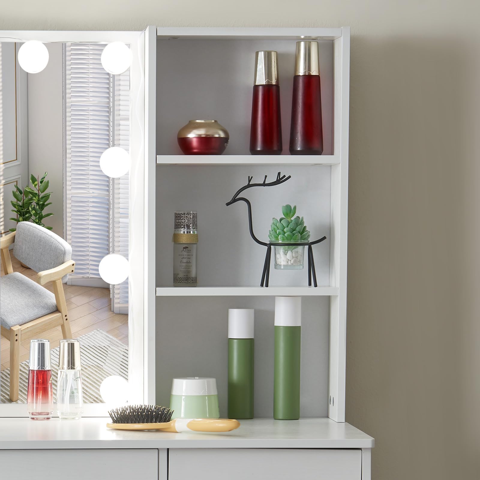 Caulitar Vanity Desk with Mirror and Lights-3 Color and Brightness Adjustable, Vanity Set with Drawers and Chair, White Makeup Vanity Table for Girls