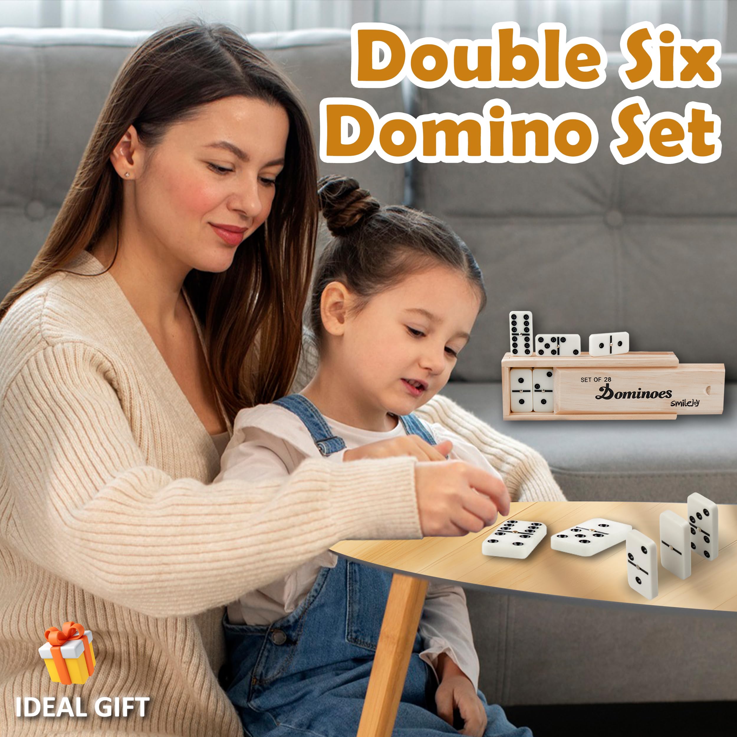 Smilejoy Dominoes Set for Adults, Domino Set for Classic Board Games,Double 6 Domino Game Set 28 Pieces with Wood Case (2 Players)