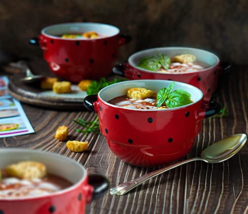 ECODECO Soup Bowls with Handles - Ceramic - Polka Dot Red - 16 Ounce - Set of 4 - French Onion Soup Crocks for Oven Baking