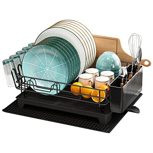 MAJALiS Dish Drying Rack with Drainboard Set, Large Dish Drainers for Kitchen Counter, Stainless Steel Drying Rack with Utensil Holder and Dryer Mat, Kitchen Dish Strainer Rack (Black - One Tier)