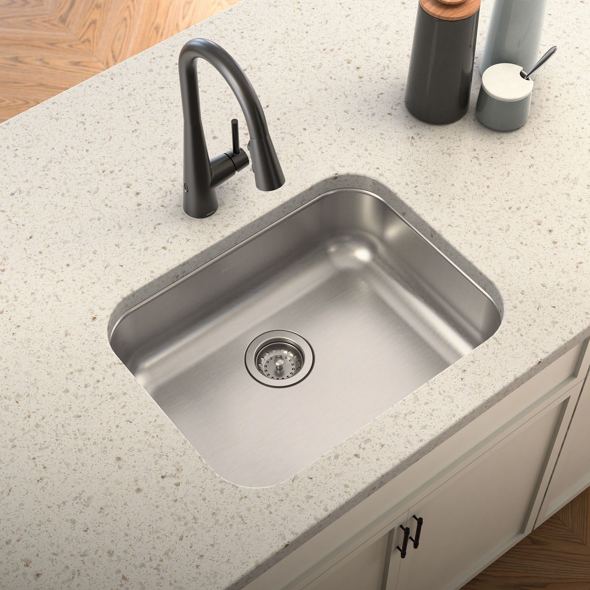 Moen GS20193B 2000 Series 23.5-inch 20 Gauge Undermount Single Bowl Stainless Steel Kitchen or Bar Sink Rear Drain, N/A