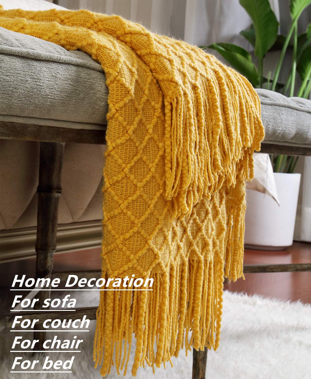 CREVENT Knitted Decorative Throw Blanket for Couch Sofa Chair Bed,Soft Warm Cozy Light Weight for Spring Summer (50''X60'' Mustard Yellow)