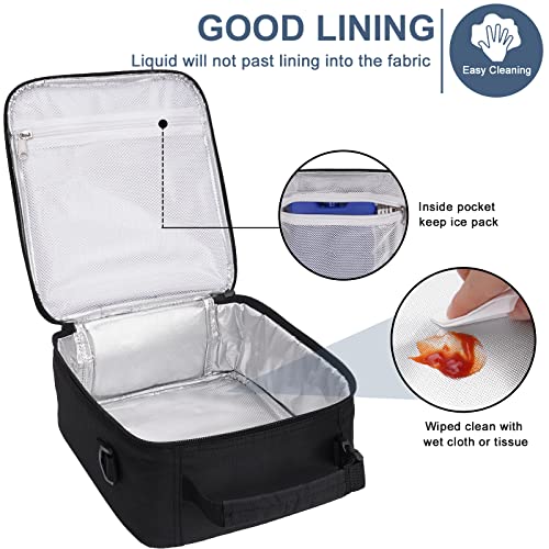 EurCross Insulated Rectangle Lunch Box with Carrying Strap, Portable Flat Mens Lunchbox for Work, 32% Larger than other Slim Small Lunch Bag, Reusable Mini Cooler Bag for Women Adult, Black