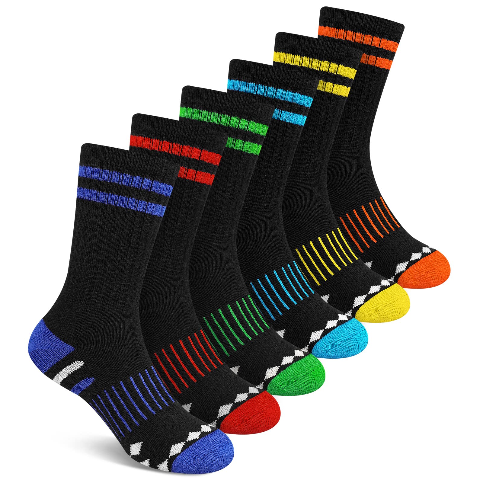 Comfoex Boys Crew Socks 4-6 6-8 8-10 Years Old Athletic Long Socks For Kids Cotton Calf Socks With Cushioned Sole 6 Pairs