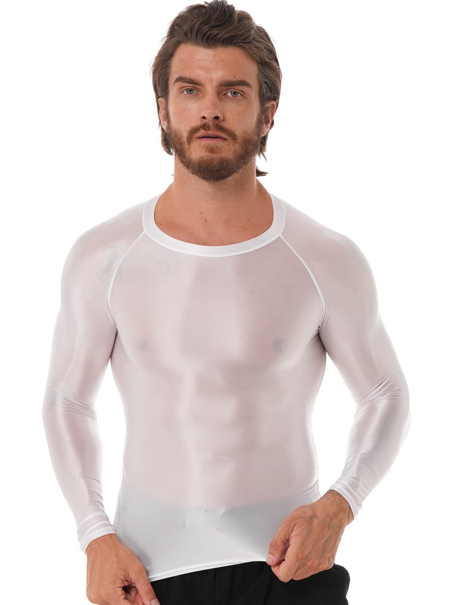 Doomiva Mens Long Sleeve Tops Round Neck Skinny T-Shirt Solid Color Elastic Sportswear Shapewear White Large